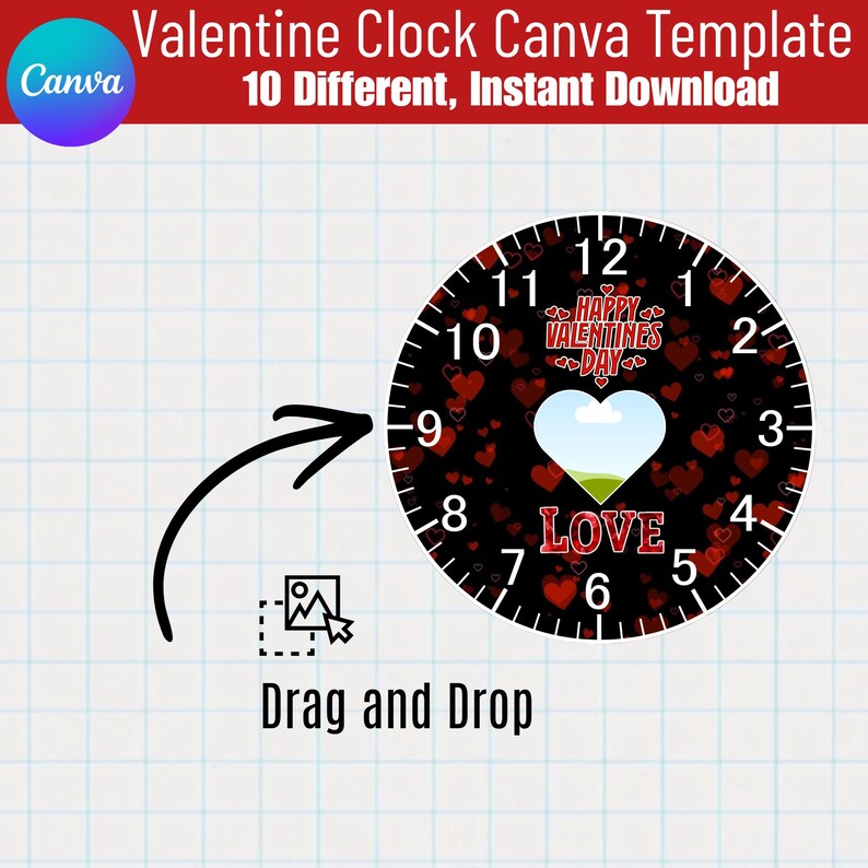 10 Valentine Clock Canva Template, Wall Clocks, Romantic Clocks, Clock ...