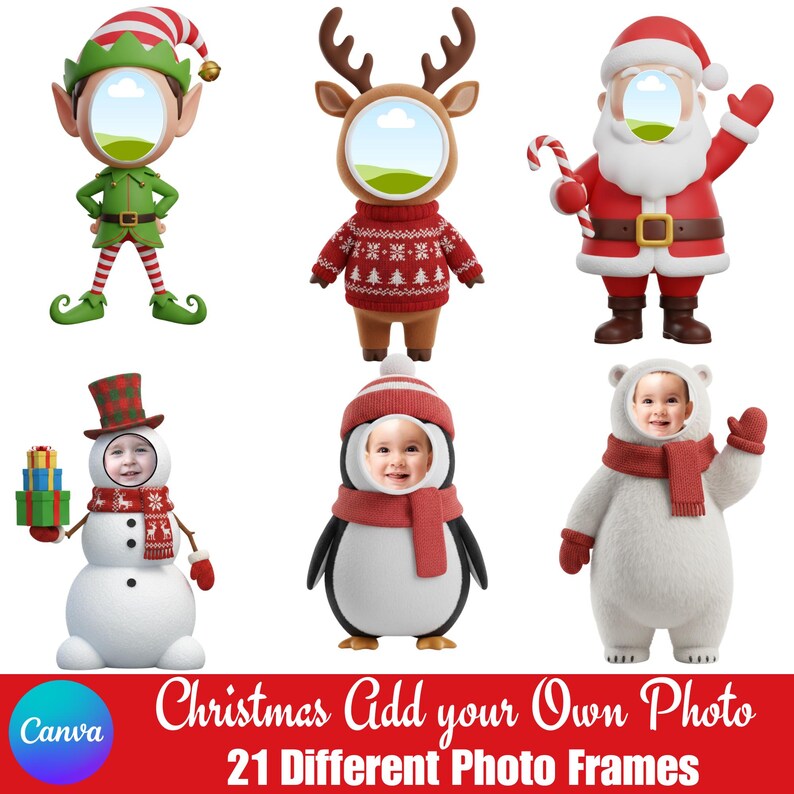 Christmas Add Your Own Photo Canva Frames, Santa Elf Reindeer Snowman ...