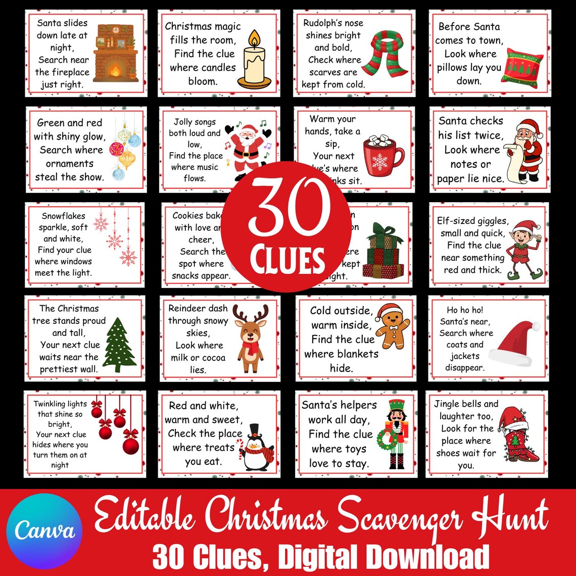30 Editable Christmas Scavenger Hunt, Holiday Clues Printable Game, Fun ...