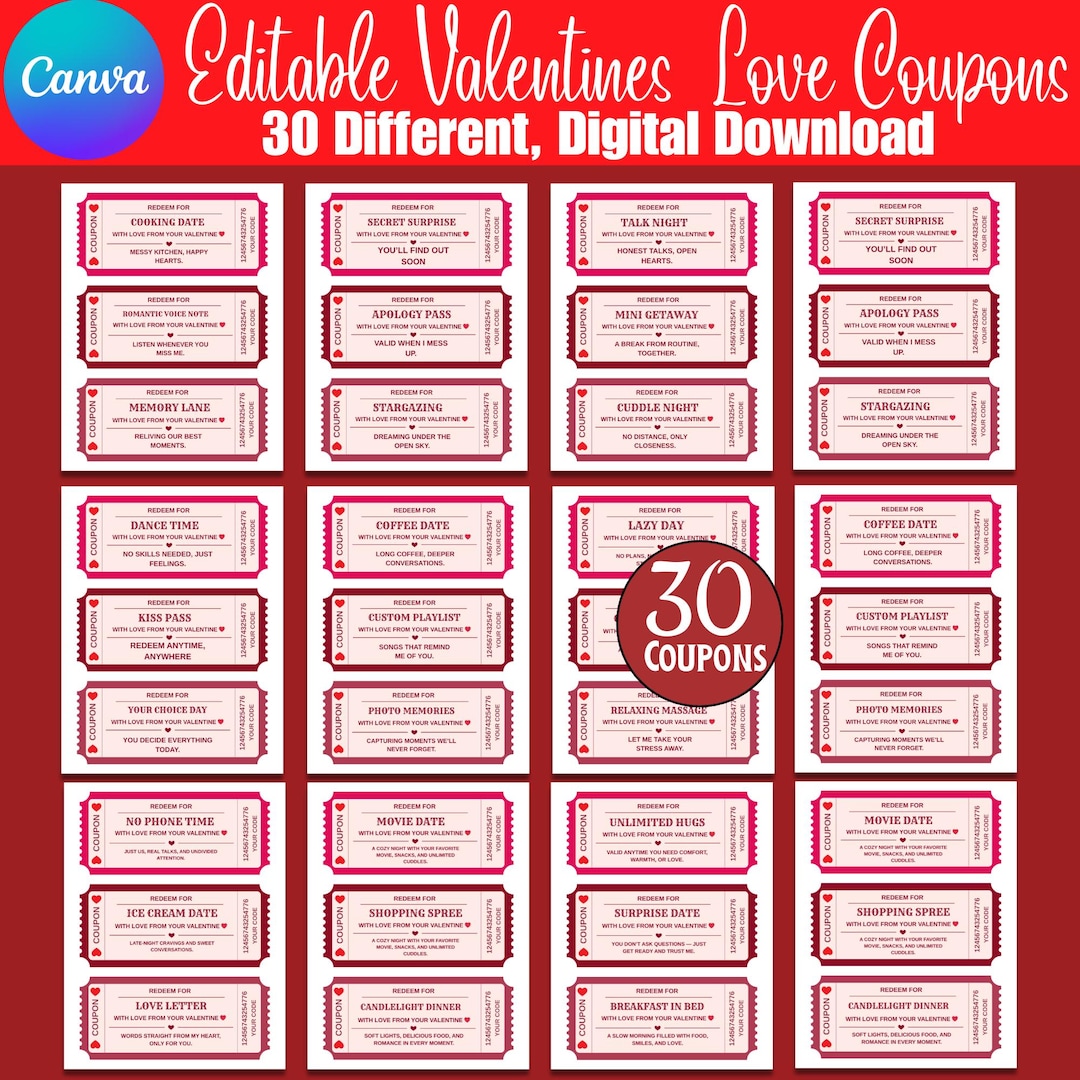 Cupones de San Valentín, plantilla editable, 30 cupones románticos ...