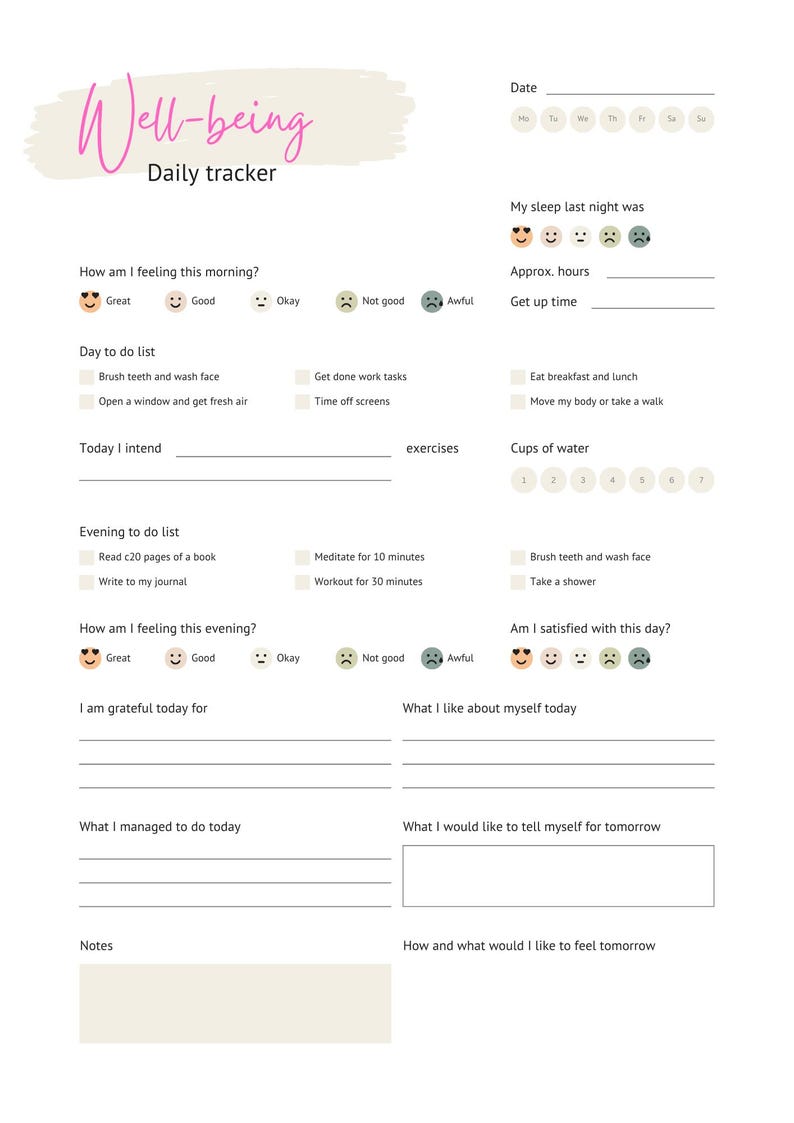 Daily Wellbeing Tracker Printable - Etsy