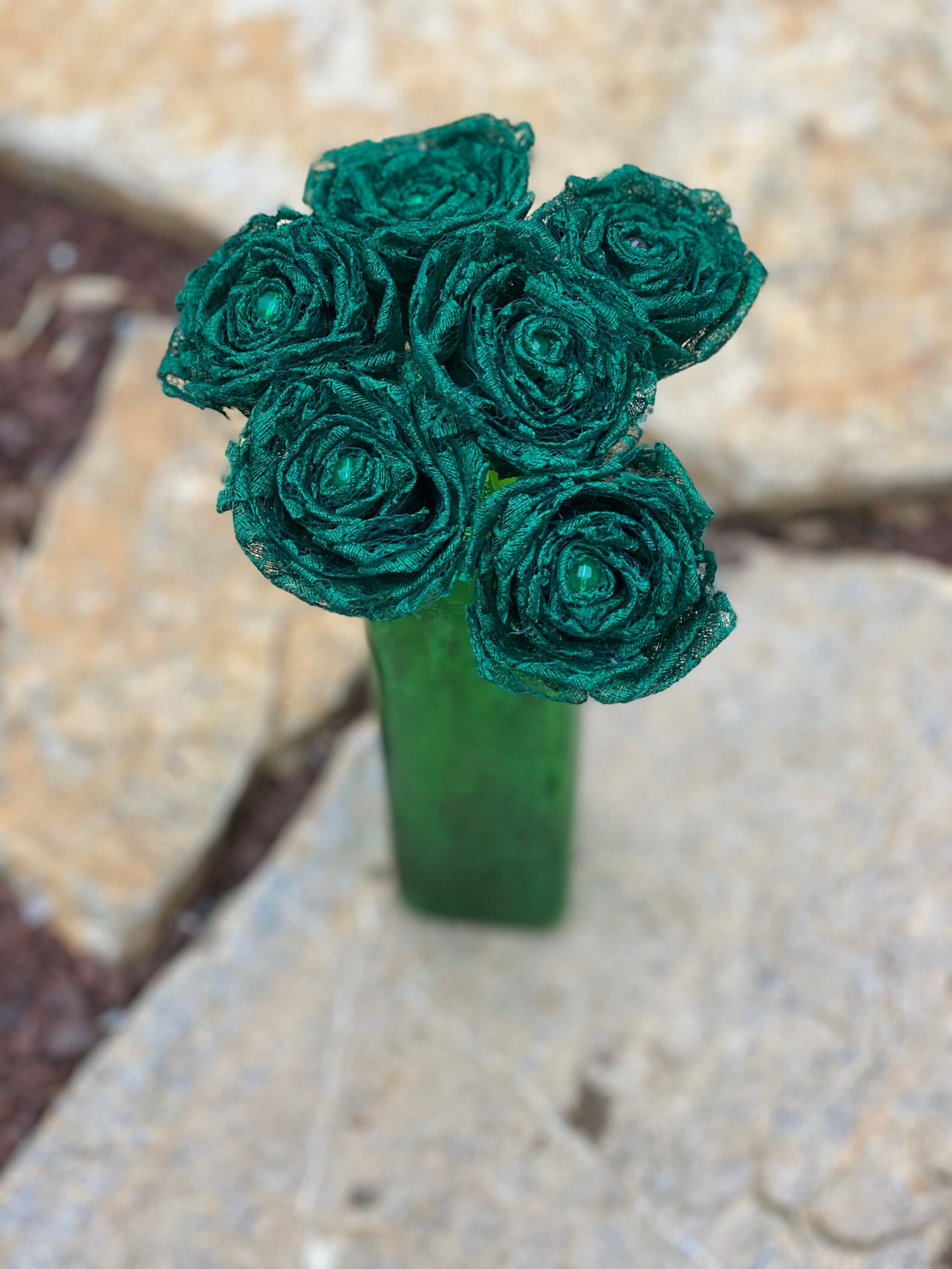 Dark Green Lace Roses With Stems Lace Flower Bouquet Lace - Etsy