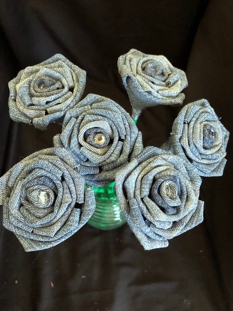 Upcycled Denim Roses With Stems, Blue Jeans Roses, Birthday Gift, Eco ...