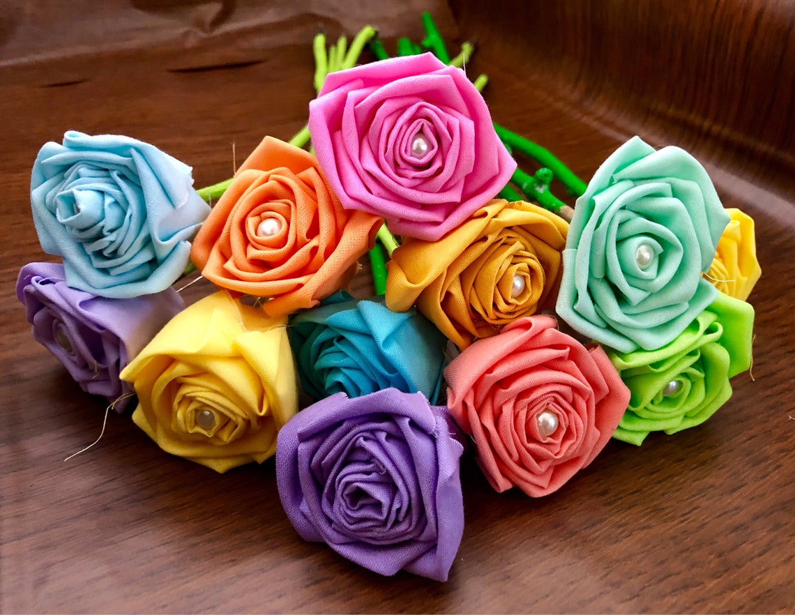 Pastel Rainbow Cotton Roses With Stems Cotton Flower Bouquet - Etsy