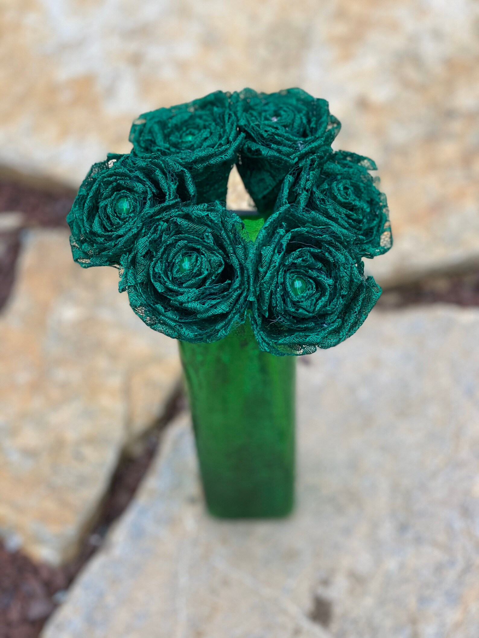 Dark Green Lace Roses With Stems Lace Flower Bouquet Lace - Etsy