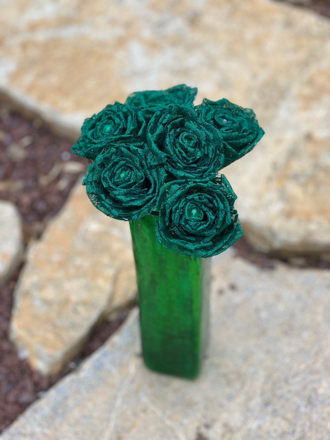 Dark Green Lace Roses With Stems Lace Flower Bouquet Lace - Etsy