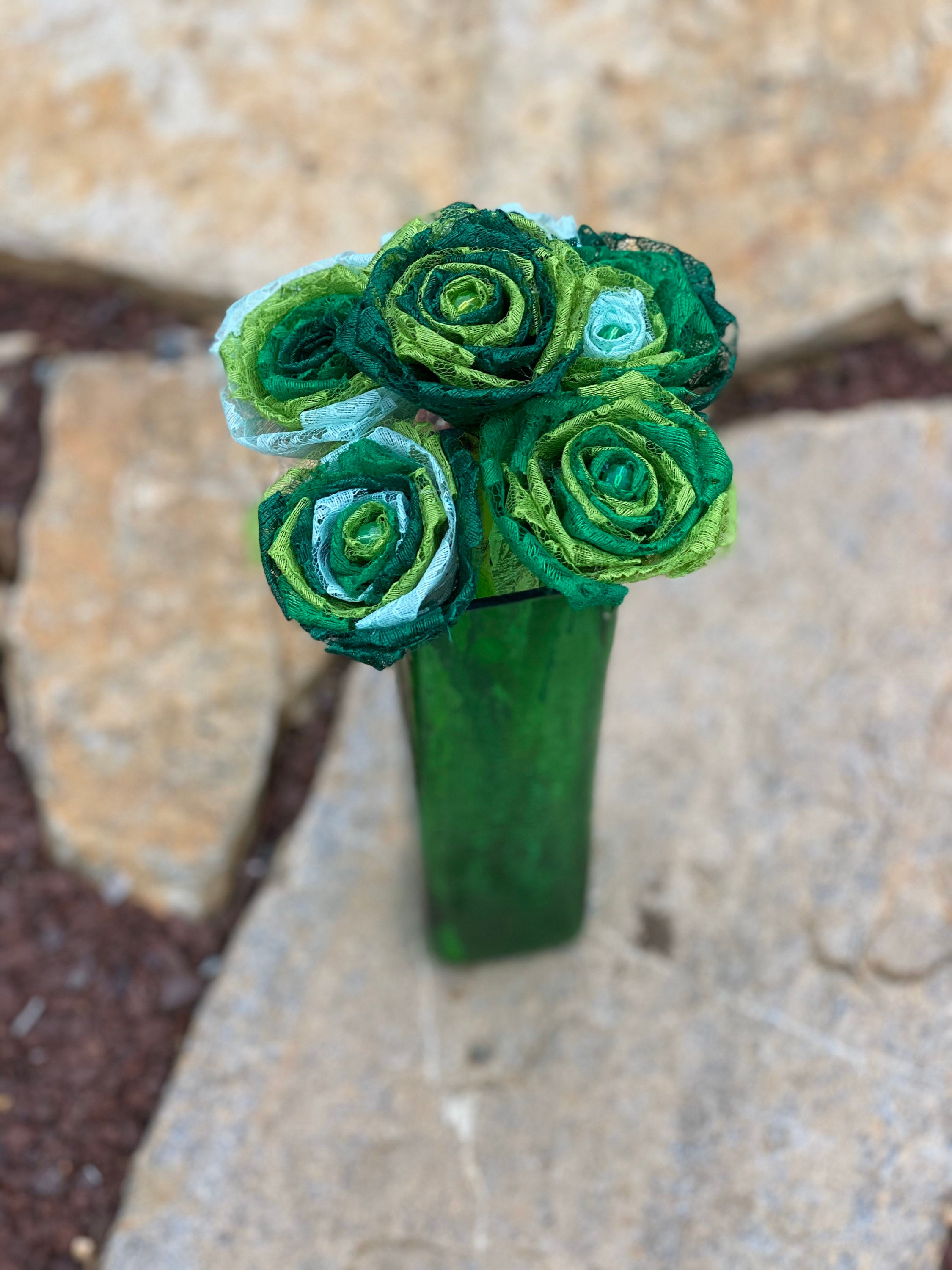 Ombré Green Lace Roses with Stem Green Lace Flower Bouquet | Etsy