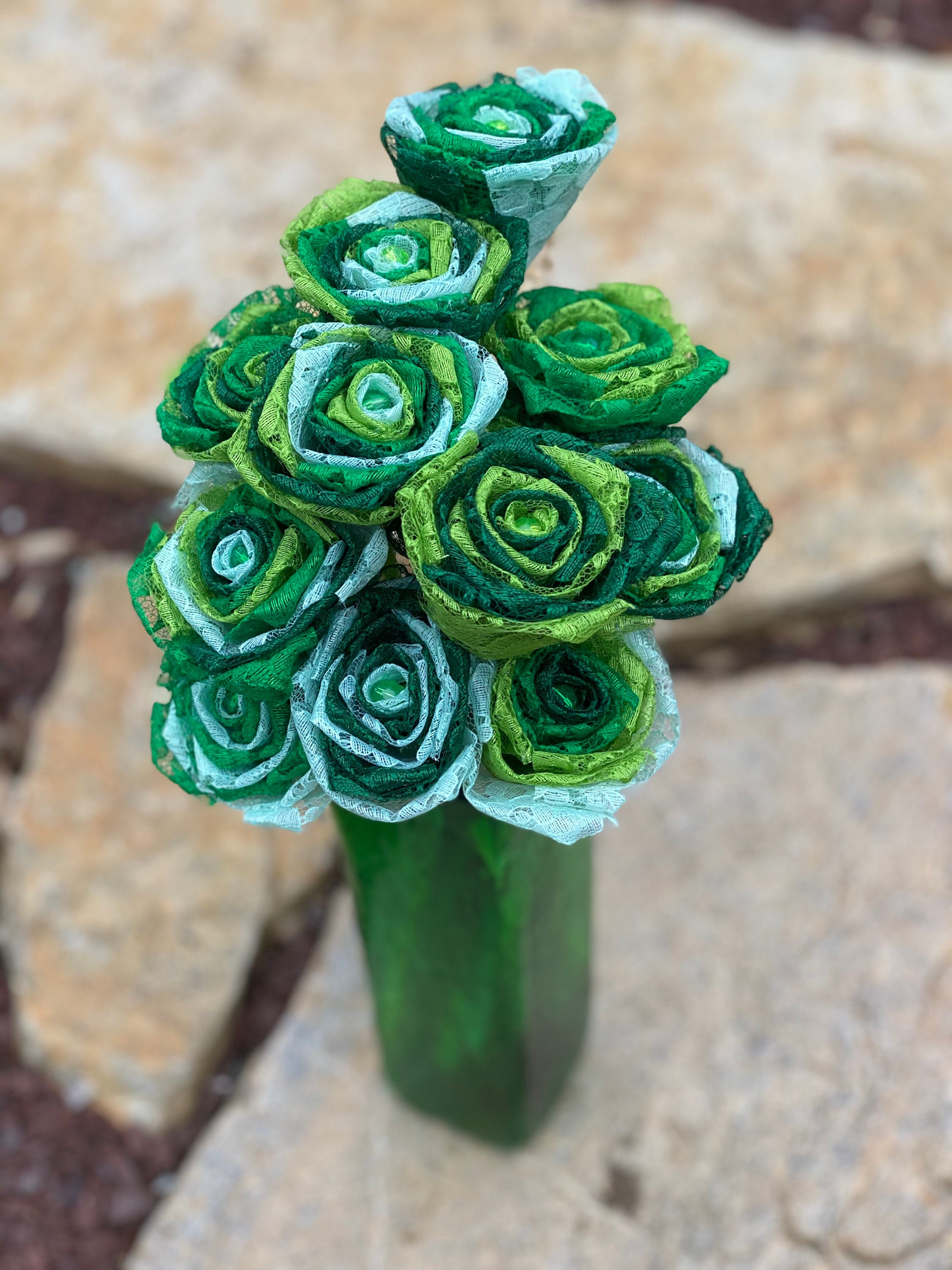 Ombré Green Lace Roses with Stem Green Lace Flower Bouquet | Etsy