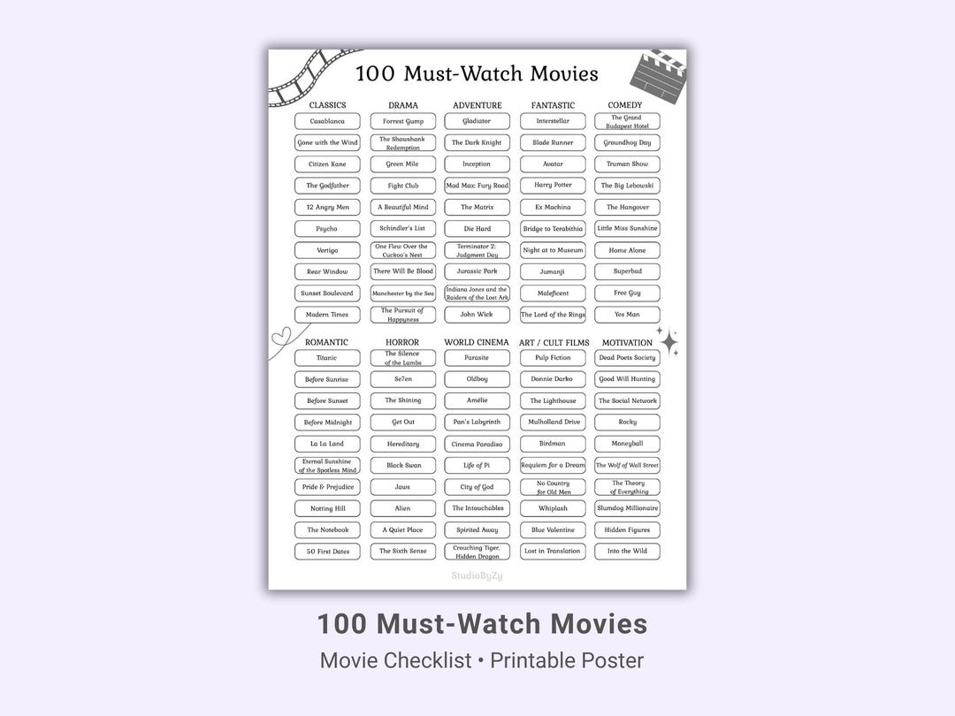100 Must-watch Movies Poster | Movie Checklist Printable | A3 A4 Letter ...