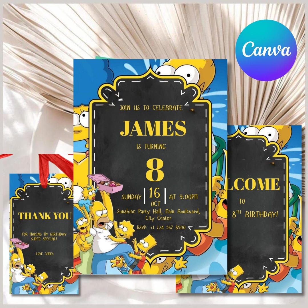 Editable Simpsons Birthday Invitation + Cake Topper, Welcome Sign ...
