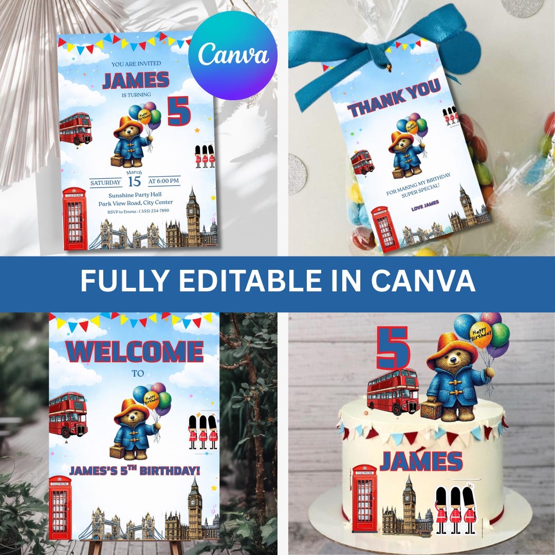 Editable Paddington Bear Birthday Invitation + Cake Topper, Welcome ...