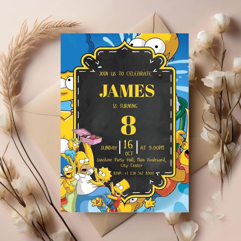 Editable Simpsons Birthday Invitation + Cake Topper, Welcome Sign ...