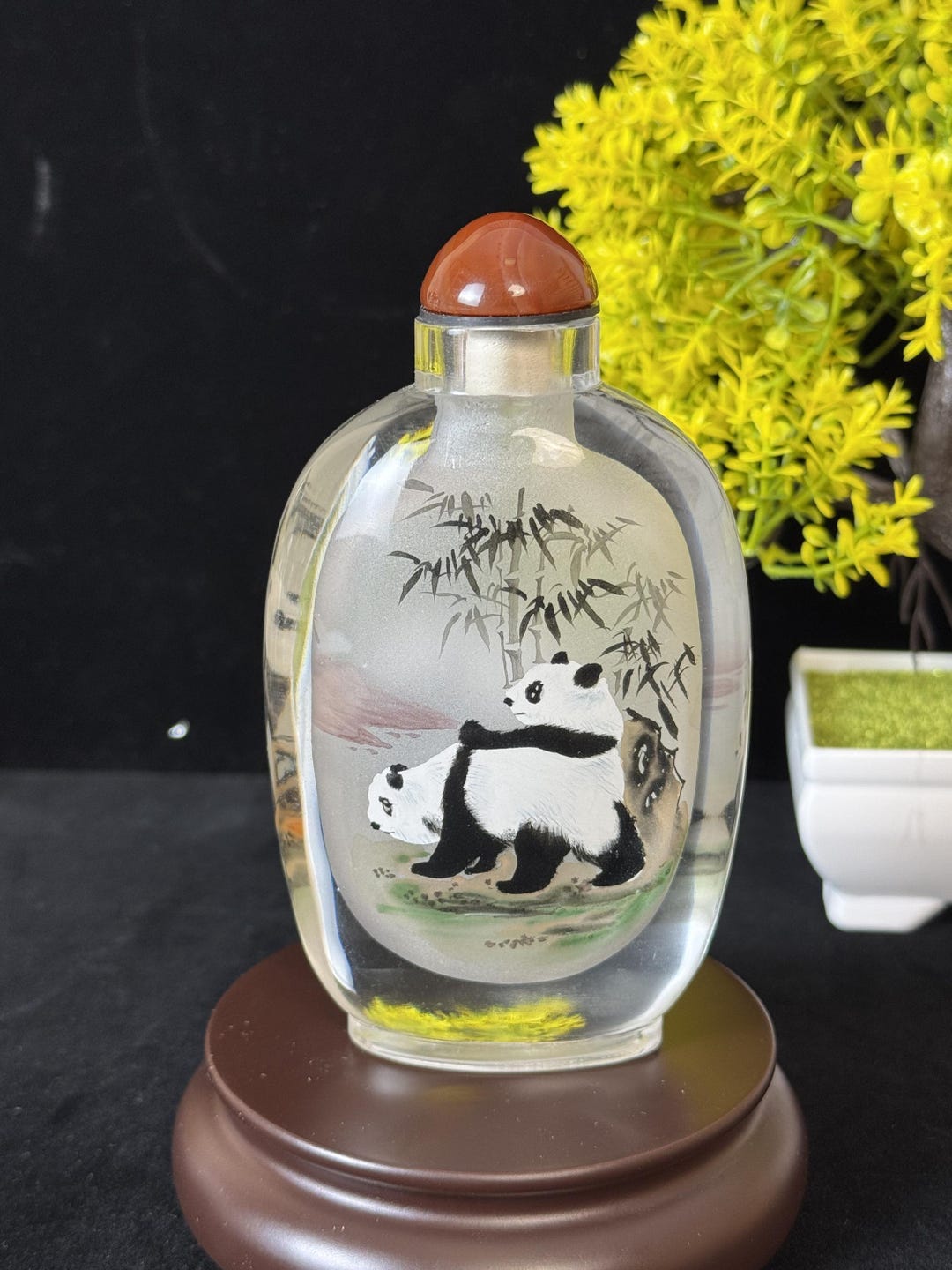 Vintage Inside-painted Crystal Snuff Bottle Display | Panda Bamboo Art ...