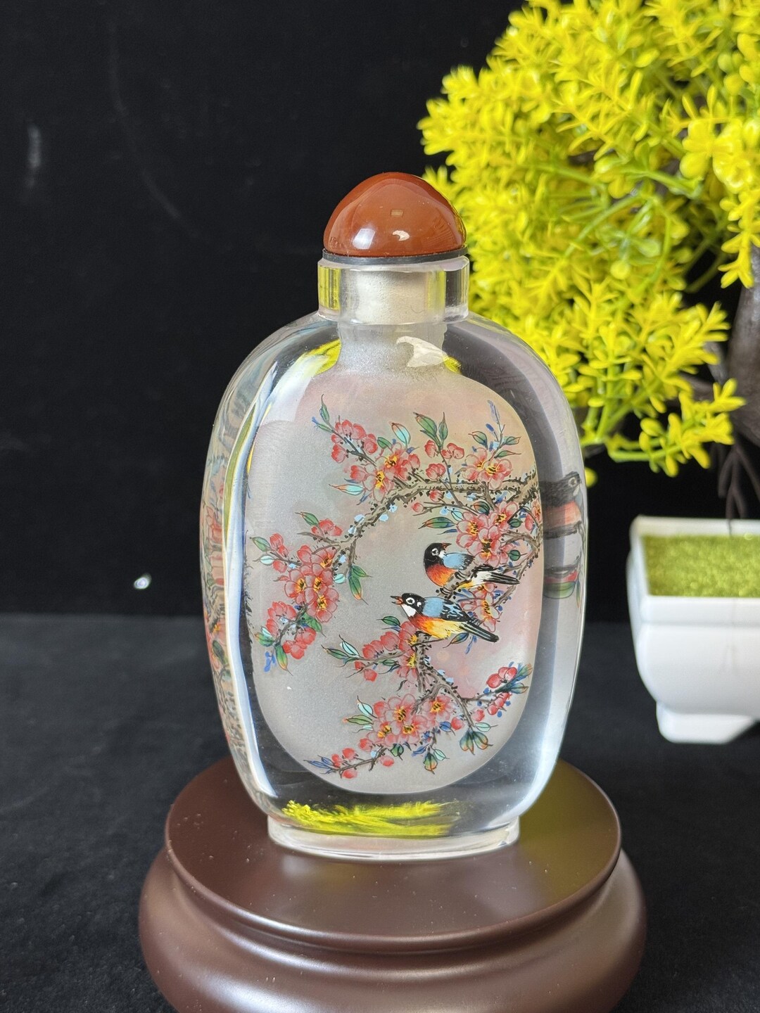 Hand Painted Crystal Snuff Bottle Display, Birds & Blossom Miniature ...