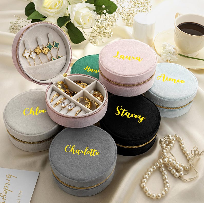 Bridesmaid Box With Permanent Name, Personalised Round Jewellery Box ...