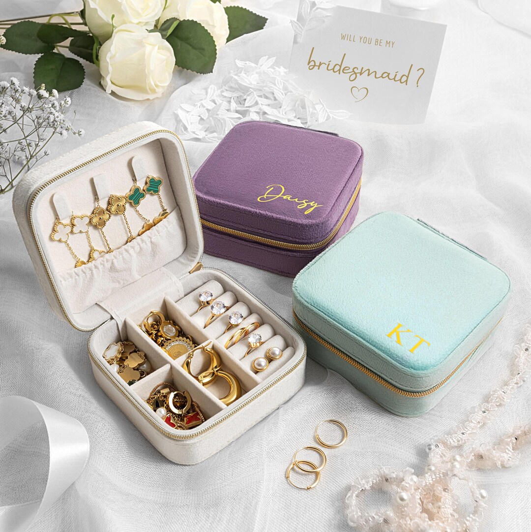 Personalized Zipper Velvet Jewelry Box, Custom Square Jewellery Case ...