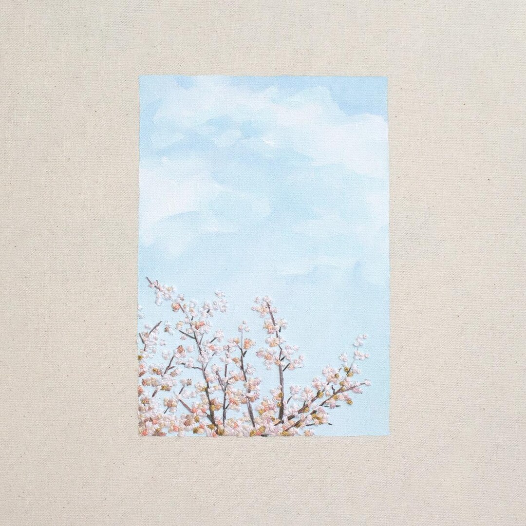 Cherry Blossoms #7, Original Mixed Media Embroidery With Paint and ...