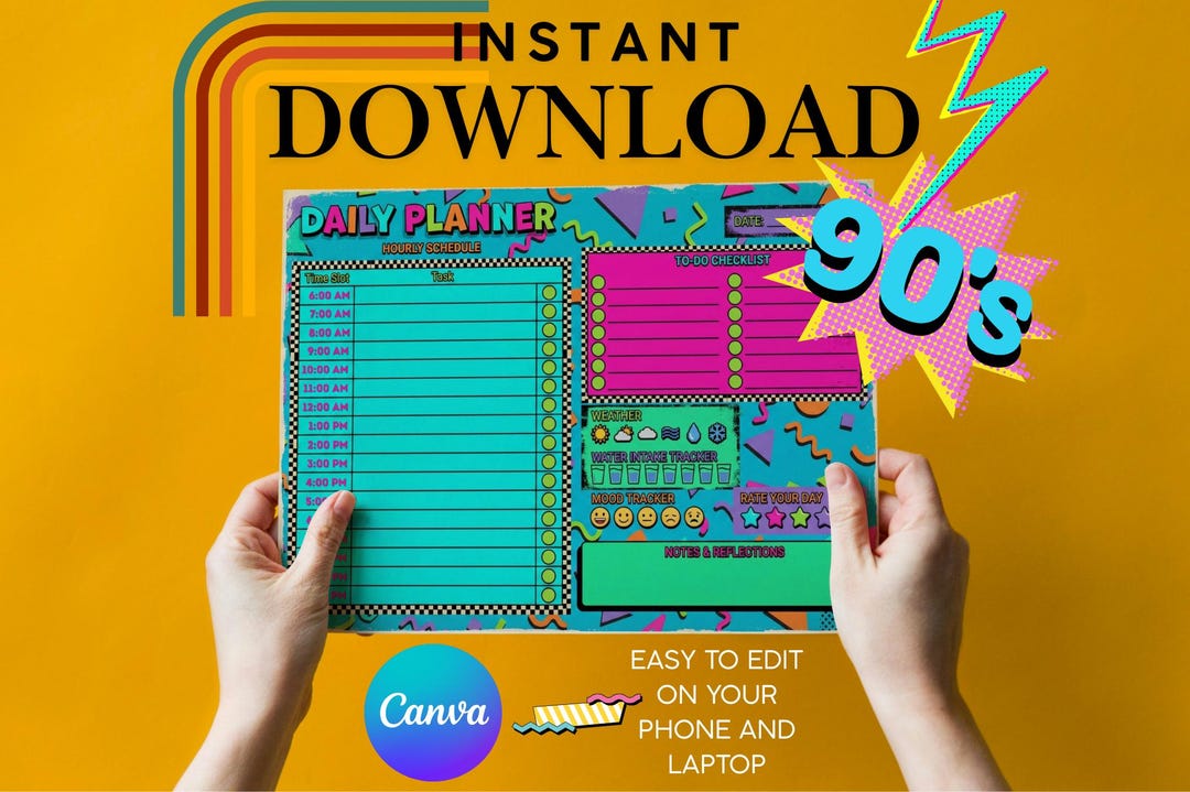 90s Retro Daily Planner Printable, Hourly Schedule, To-do List, Digital ...