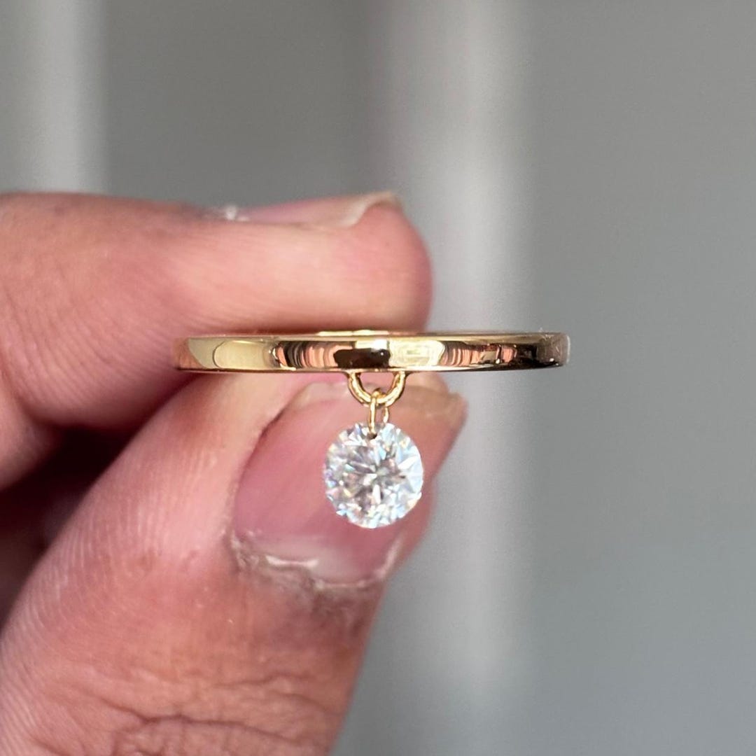 Round Cut Lab Grown Dangle Charm Ring in 14K Gold, Unique Hanging ...