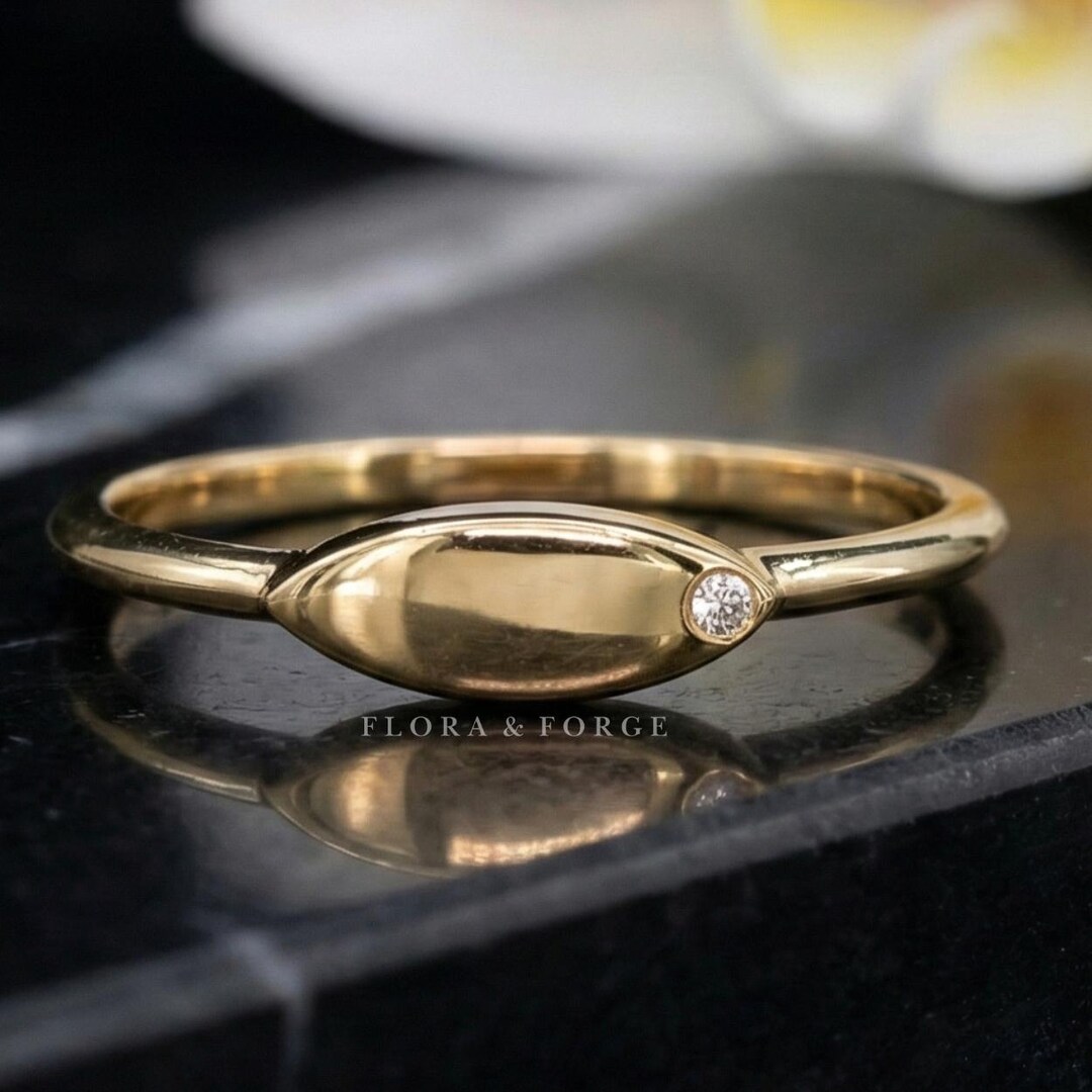 Rounded Signet Ring With Small Pave Set Diamond, Dainty Minimalist ...