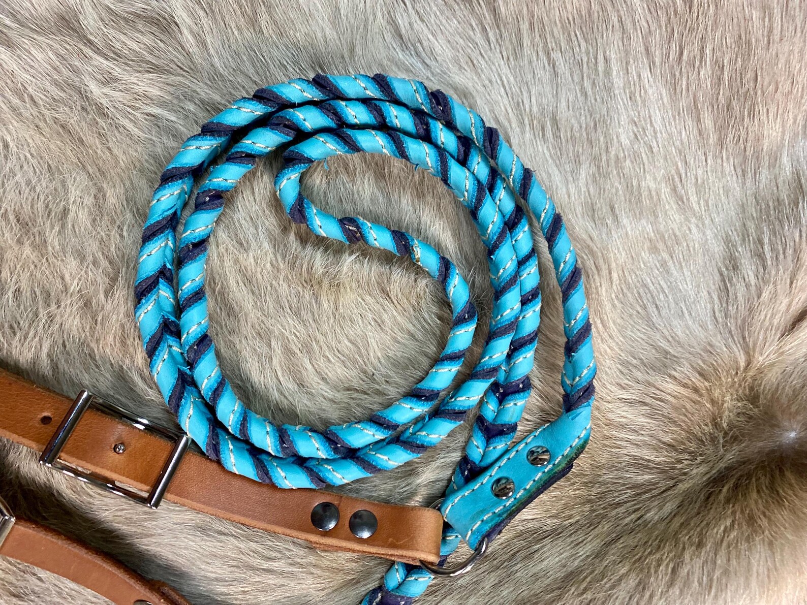 Hand Braided Leather Rein, Single Rein, Barrel Rein, Turquoise, Purple ...