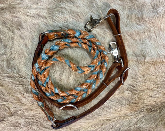 Leather Rein: Natural, Light Blue, Barrel Racing, Adjustable, Braided ...