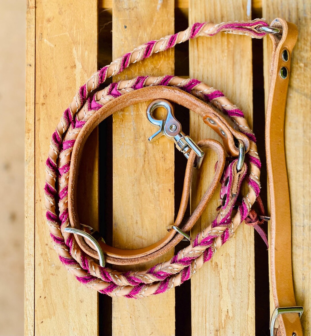 Hand Braided Leather Rein, Natural & Pink , Adjustable, Horse Tack ...