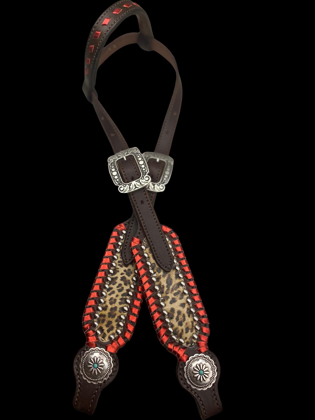 Headstall, Bridle, Horse, Cheetah, Leopard , Red, Buckstitch, Silver ...