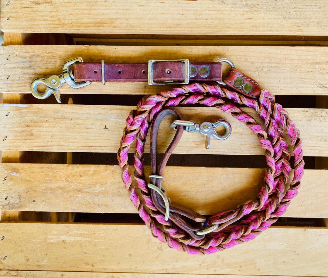 Leather Rein: Hand Braided, Metallic Pink , Medium Brown, Barrel Racing ...