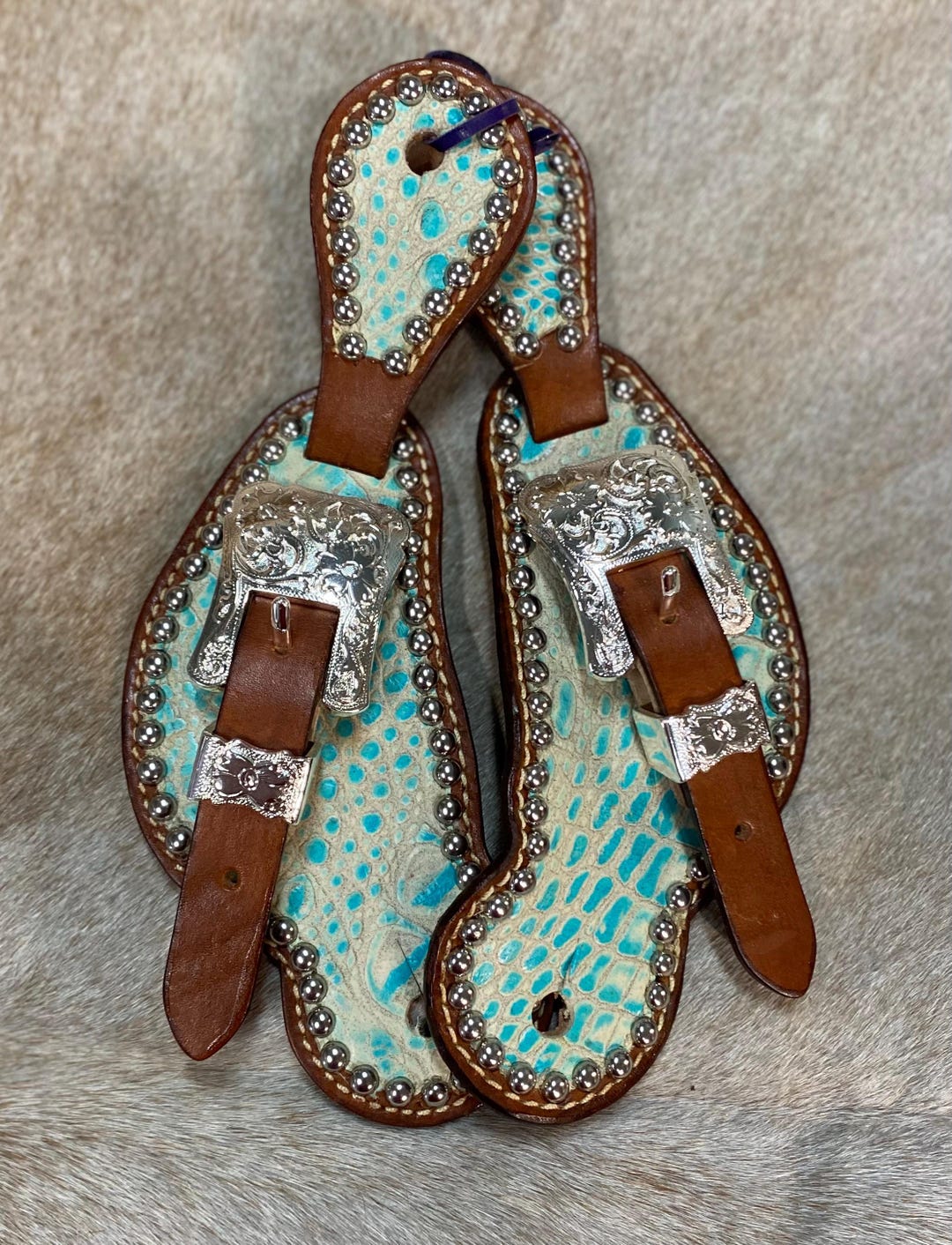 Buckaroo Style Spur Straps, Ladies ,leather, Turquoise Gator / Croc ...