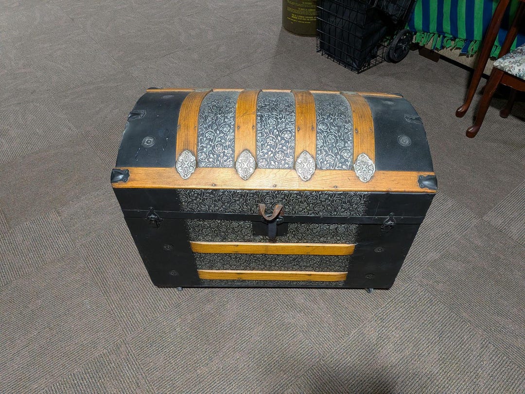 Antique 1880s Embossed Tin/wood Dome Top Steamer Trunk Redone on Inside ...