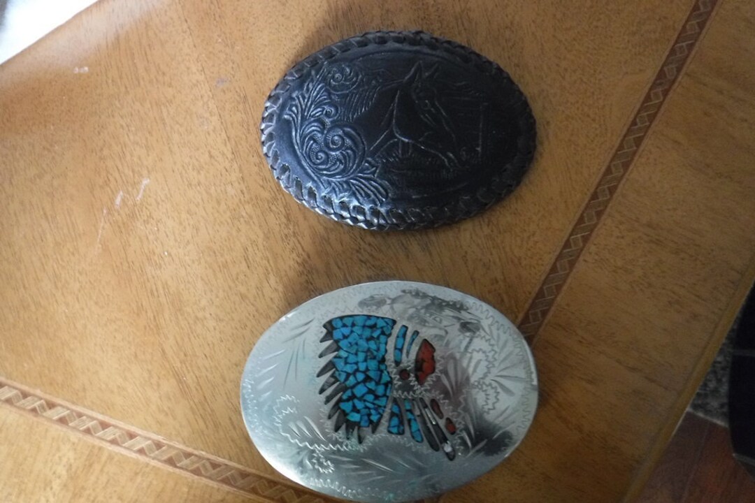 Belt Buckle S/ Inlaid Turquoise and Coral Buckle and Tooled Black ...
