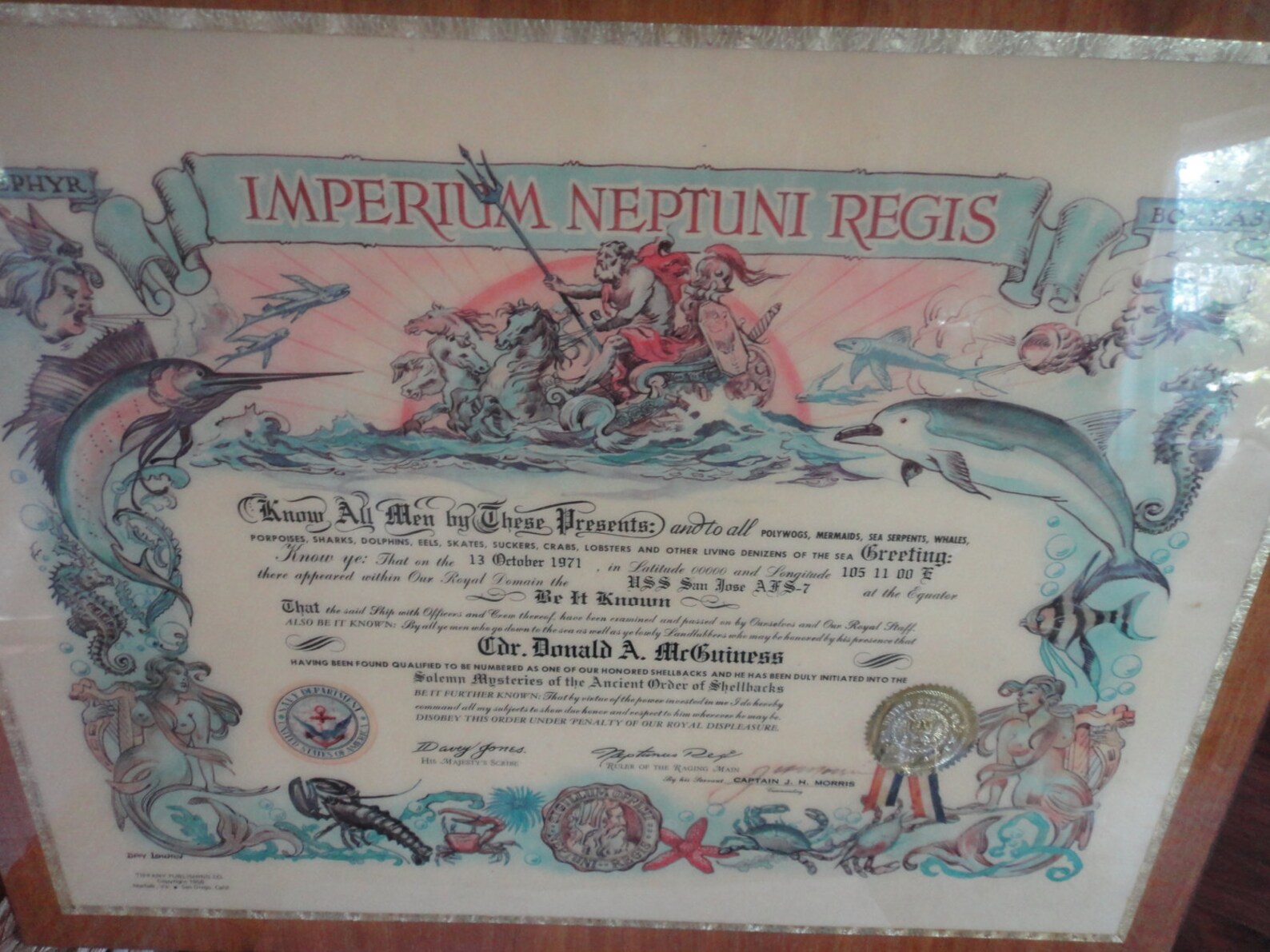 Imperium Neptuni Regis 1971 USS San Jose to Donald Mcguiness Laminated ...