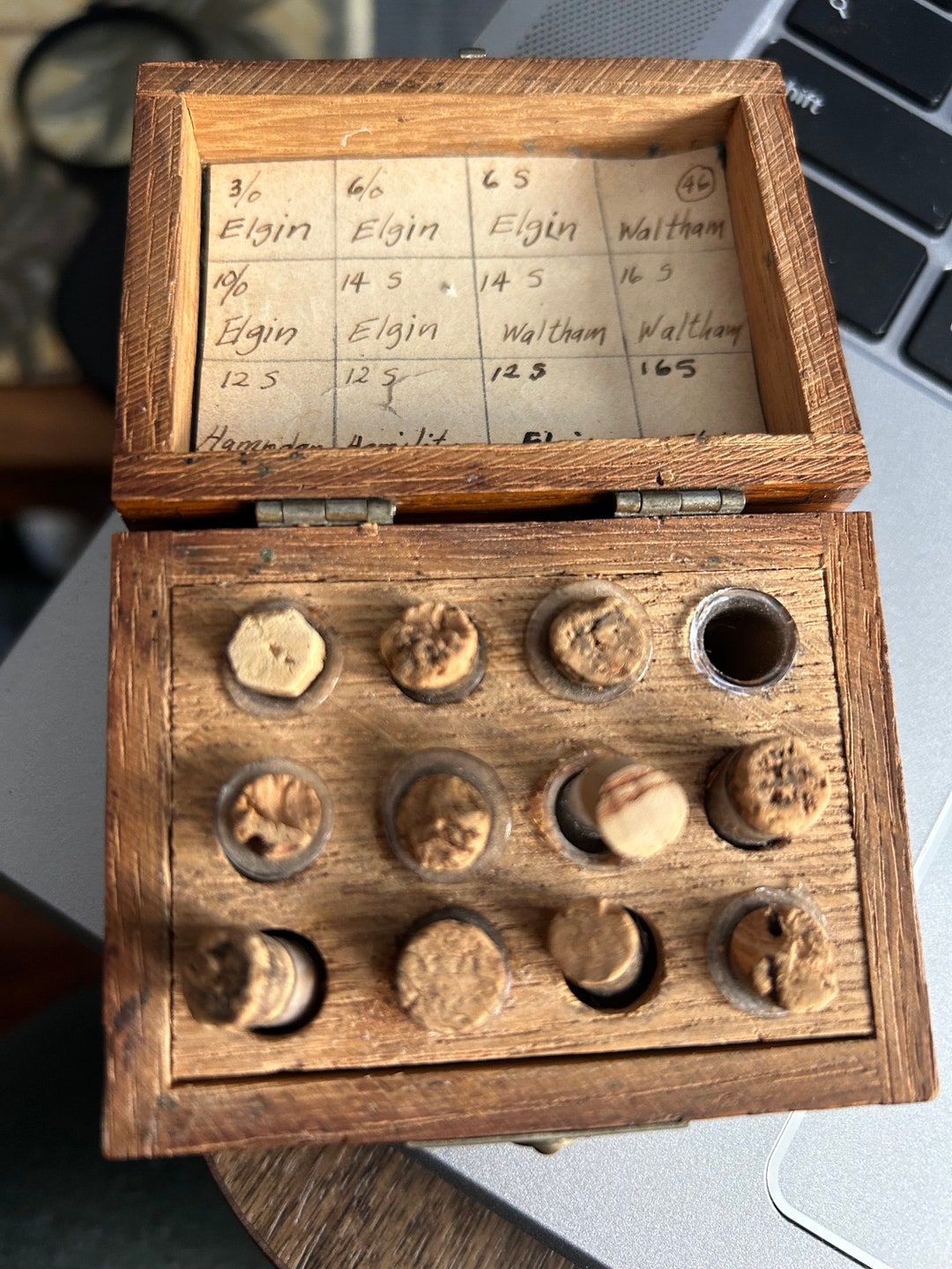 Watchmaker/jewelers Wood Box With Vials and Parts Some Vials Have Parts ...