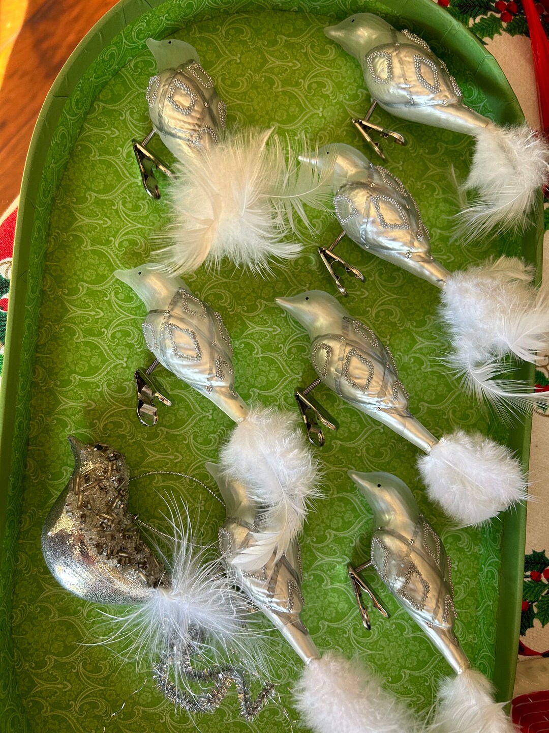 Bird Blown Glass Ornaments Silver Clip on With White Feather Tails X 7 ...