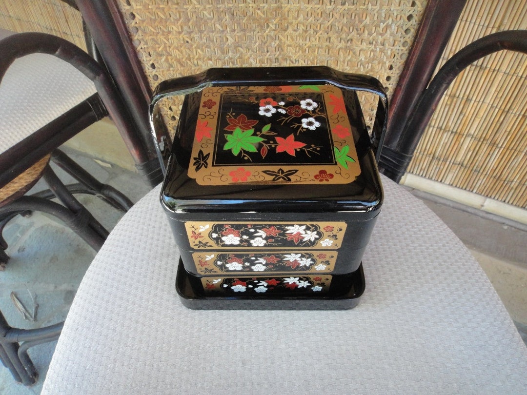 Bento Box Lacquer Ware Black Gold White Green and Orange - Etsy