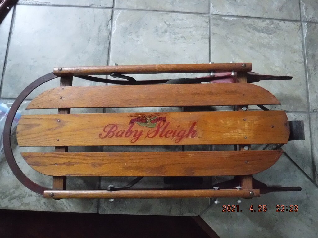 Flexible Flyer Baby Push Sleigh Sled on Wood Wheels and Metal Base #28 ...