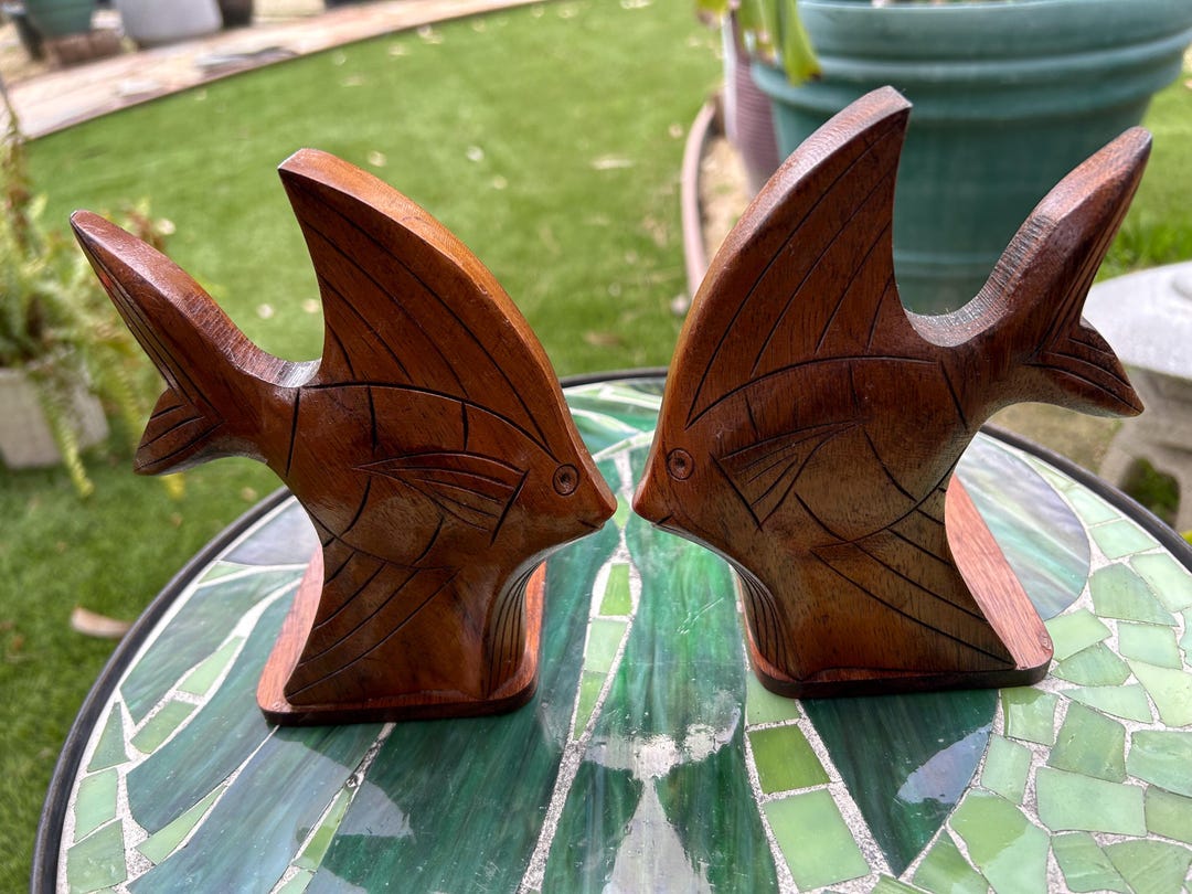 Hawaiian Koa Wood Angel Fish Bookends Made in Hawaii Tropical Lamp and ...