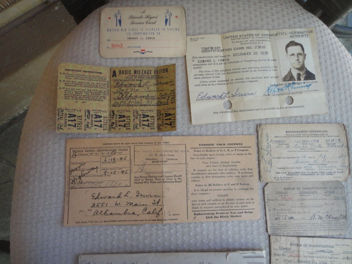 WWII Registration Card Notice of Classification Cards Ration Stamps and ...