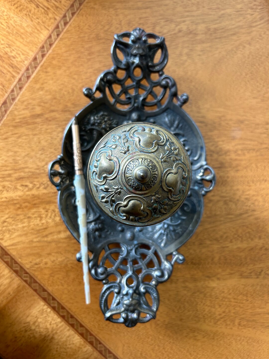 Inkwell Gargoyle Like Figures on Each Side Ornate Brass Desk Set ...