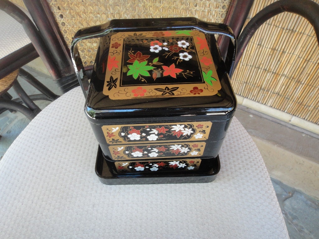 Bento Box Lacquer Ware Black Gold White Green and Orange - Etsy