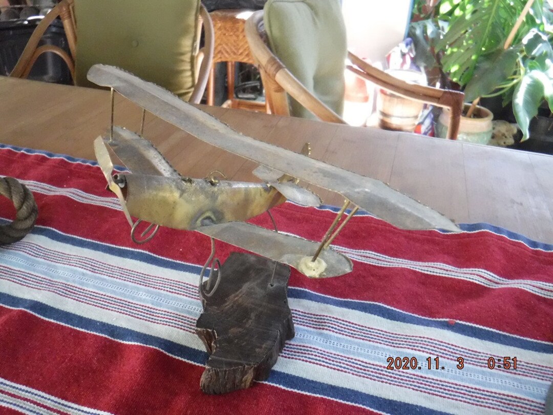 Airplane Brass Sculpture With Wire Mounted to Wood 1970's - Etsy