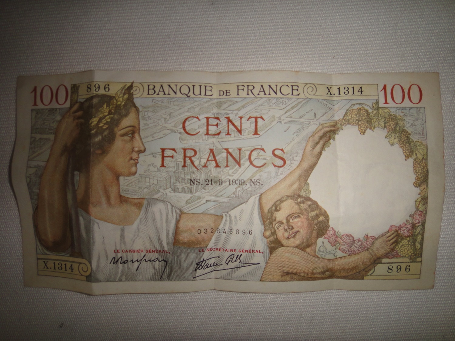1939 Banque De France 100 Cent Francs Note Fine French WW II Paper ...