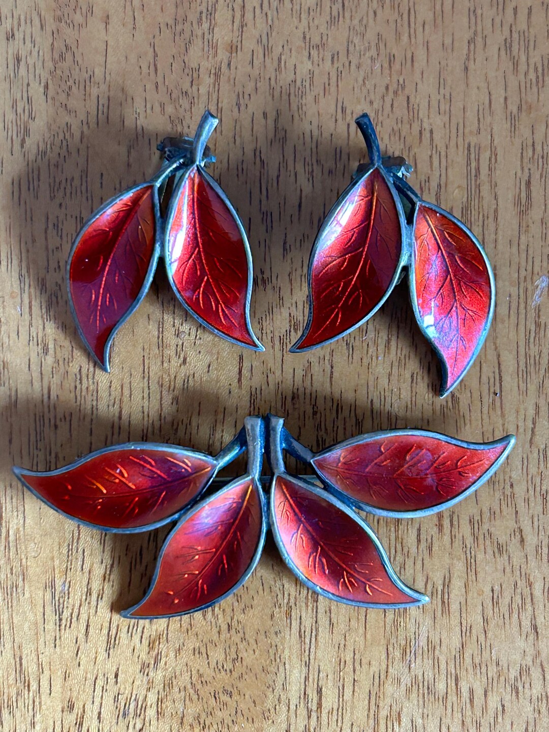 David Andersen Red Enamel & Sterling Leaf Clip-on Earrings and Broach ...