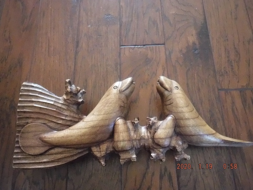 Manatee Wood Carved Pair Hand Carved Wood Manatee Pair Nautical ...