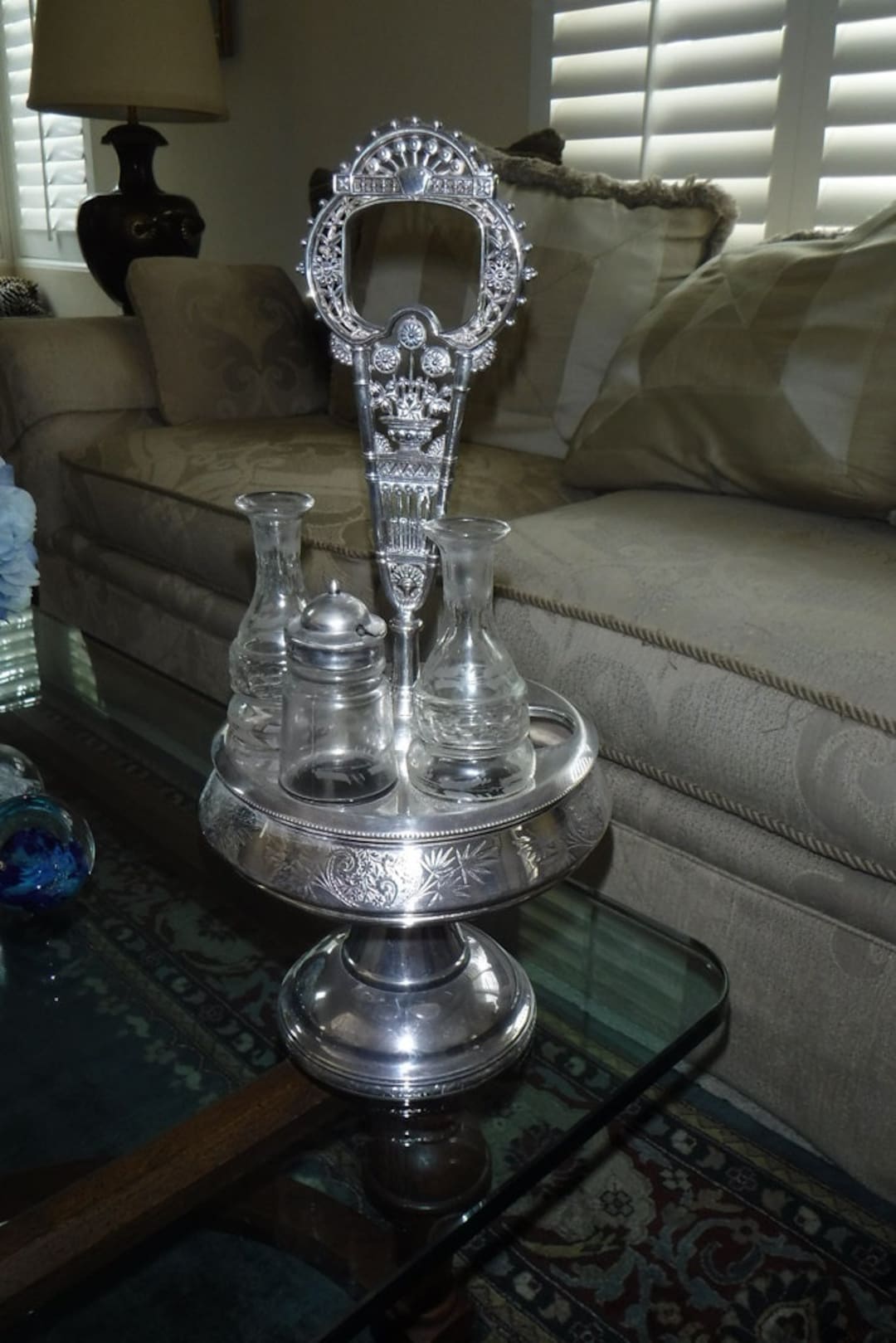 Victorian Era Castor Set With Beautiful Etched 6 Glass Set of Cruets ...