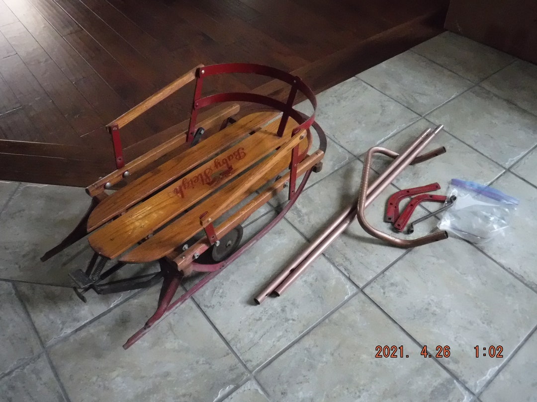 Flexible Flyer Baby Push Sleigh Sled on Wood Wheels and Metal Base #28 ...