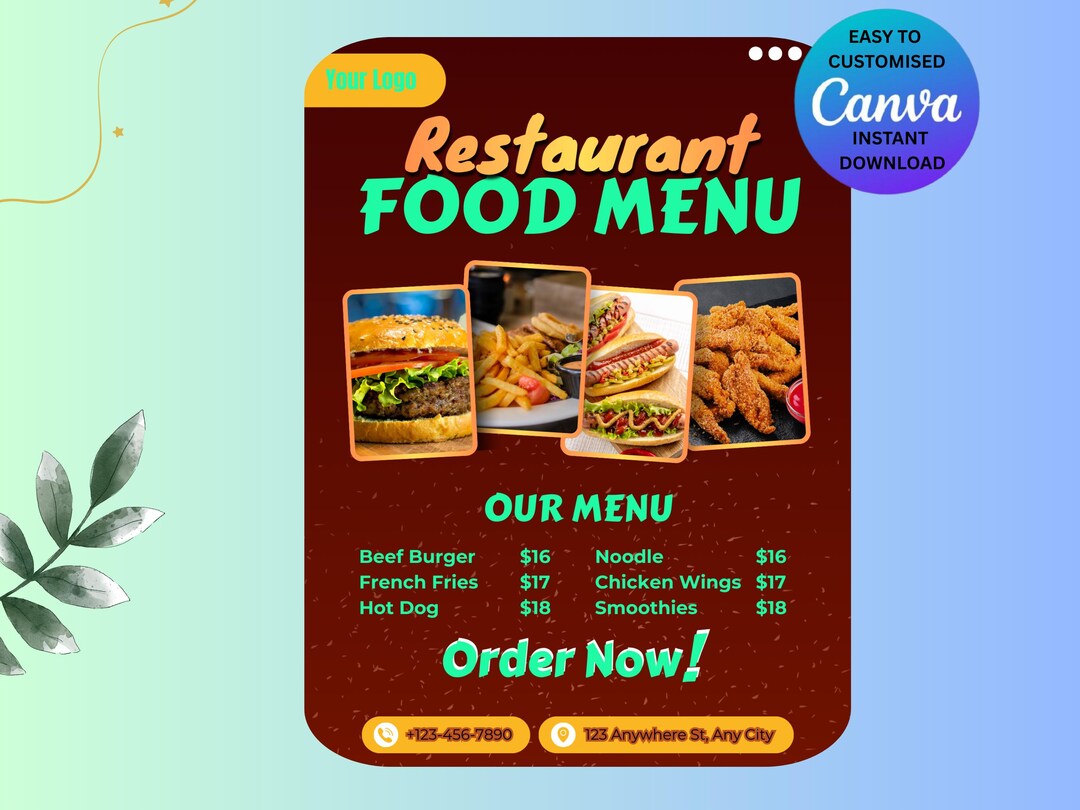 Editable Restaurant Food Menu Template, Printable Cafe Diner Menu (PDF ...
