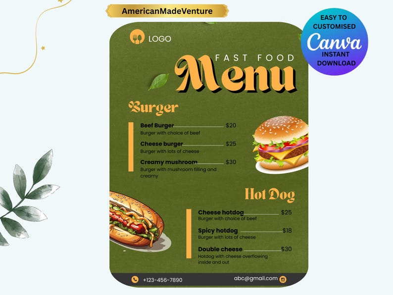 Fast Food Menu Flyer Template, Editable Restaurant Flyer, Printable ...