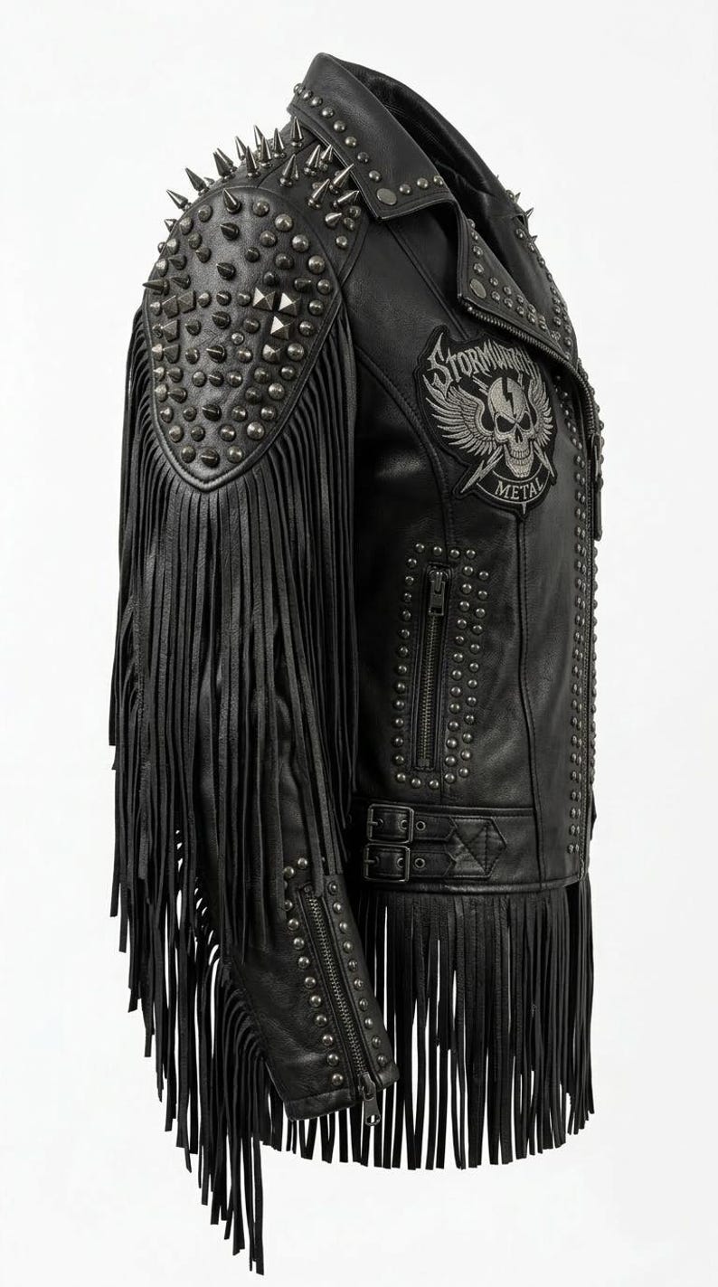 Handmade Leather Punk Biker Jacket – Studded Spikes Fringe Embroidery ...